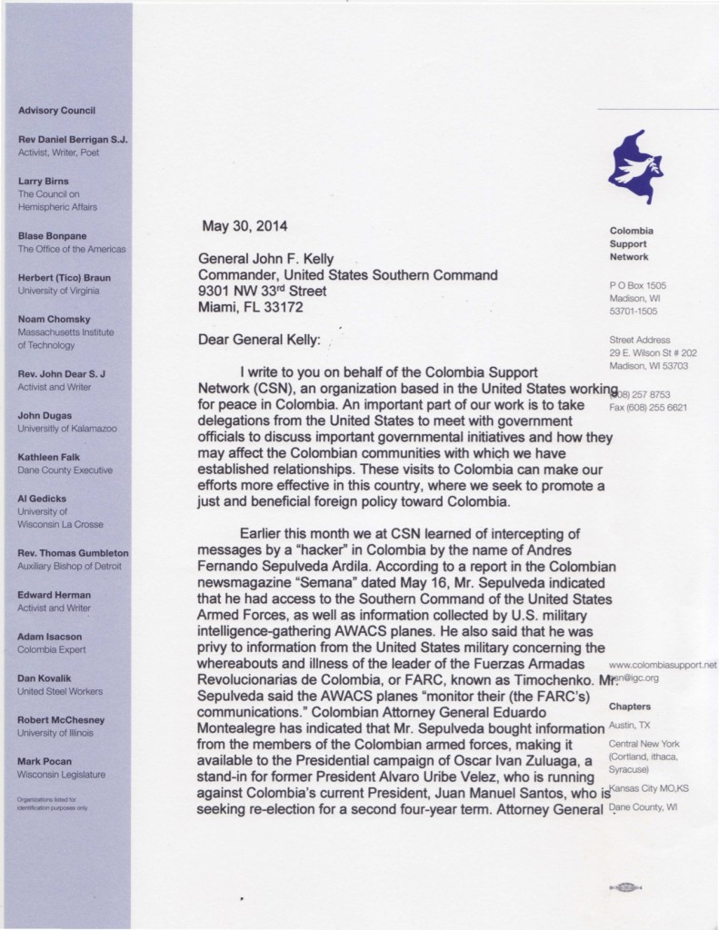 Letter to General Kelly | Colombia Support Network
